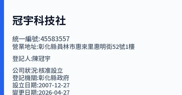 冠宇科技社的照片-統編 45583557(彰化縣) 公司登記資料與營業項目詳細圖表