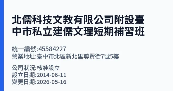 北儒科技文教有限公司附設臺中市私立建儒文理短期補習班的照片-統編 45584227(臺中市) 公司登記資料與營業項目詳細圖表