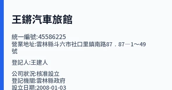 王鏘汽車旅館的照片-統編 45586225(雲林縣) 公司登記資料與營業項目詳細圖表