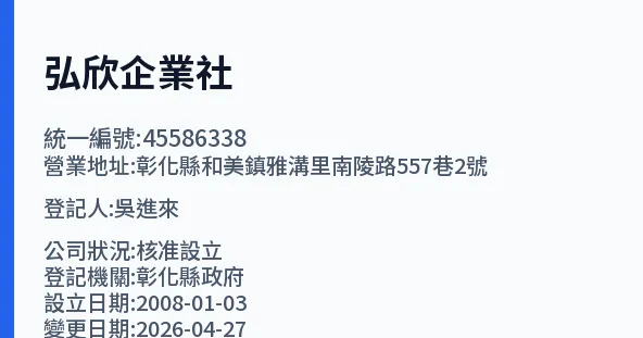 弘欣企業社的照片-統編 45586338(彰化縣) 公司登記資料與營業項目詳細圖表