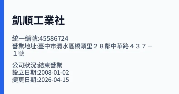 凱順工業社的照片-統編 45586724(臺中市) 公司登記資料與營業項目詳細圖表