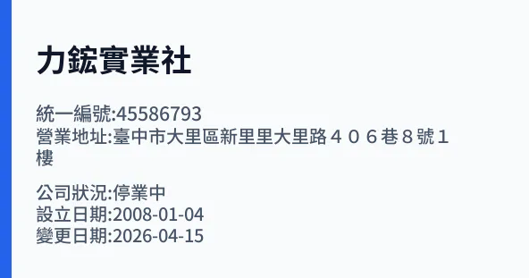 力鋐實業社的照片-統編 45586793(臺中市) 公司登記資料與營業項目詳細圖表