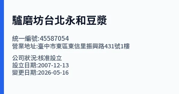 驢磨坊台北永和豆漿的照片-統編 45587054(臺中市) 公司登記資料與營業項目詳細圖表