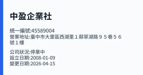 中盈企業社的照片-統編 45589004(臺中市) 公司登記資料與營業項目詳細圖表
