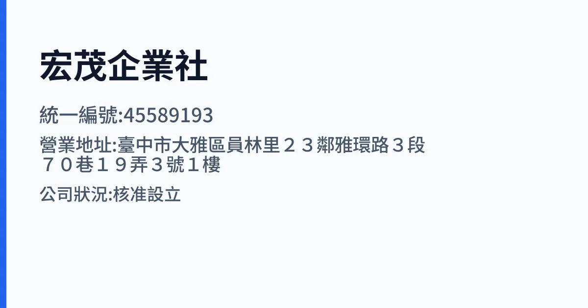 宏茂企業社 - 統編 45589193(臺中市) 公司登記資料與營業項目詳細圖表