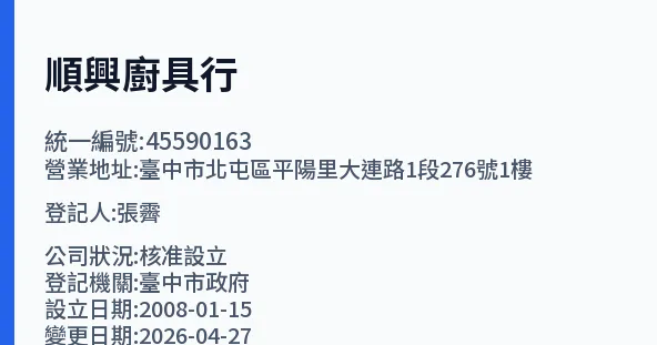 順興廚具行的照片-統編 45590163(臺中市) 公司登記資料與營業項目詳細圖表