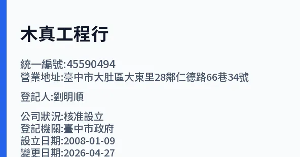 木真工程行的照片-統編 45590494(臺中市) 公司登記資料與營業項目詳細圖表