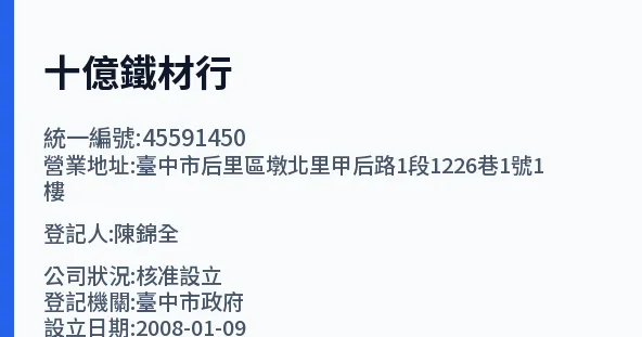 十億鐵材行的照片-統編 45591450(臺中市) 公司登記資料與營業項目詳細圖表