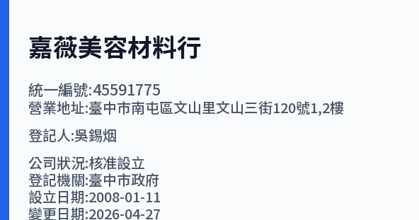 嘉薇美容材料行的照片-統編 45591775(臺中市) 公司登記資料與營業項目詳細圖表