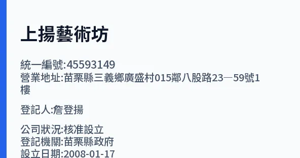 上揚藝術坊的照片-統編 45593149(苗栗縣) 公司登記資料與營業項目詳細圖表