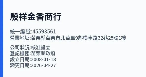 殷祥金香商行的照片-統編 45593561(苗栗縣) 公司登記資料與營業項目詳細圖表