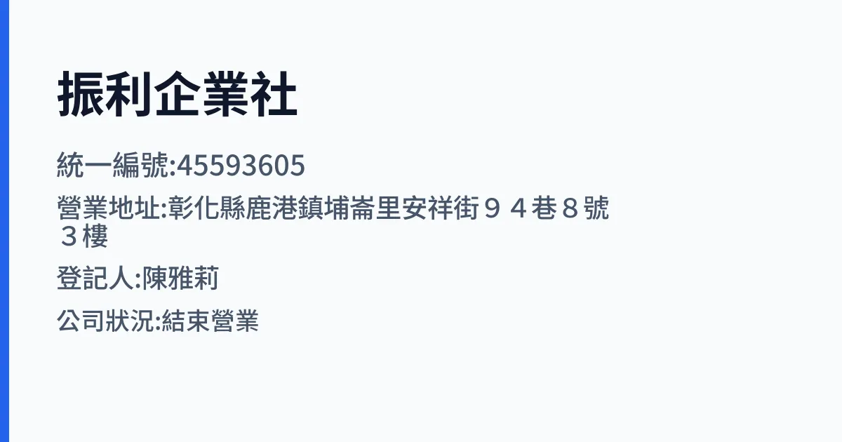 振利企業社 - 統編 45593605(彰化縣) 公司登記資料與營業項目詳細圖表