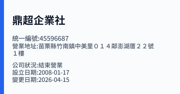 鼎超企業社的照片-統編 45596687(苗栗縣) 公司登記資料與營業項目詳細圖表