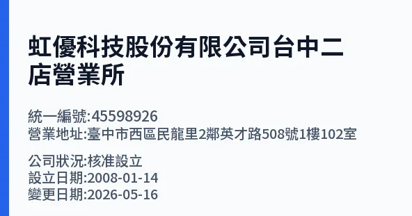 虹優科技股份有限公司台中二店營業所的照片-統編 45598926(臺中市) 公司登記資料與營業項目詳細圖表