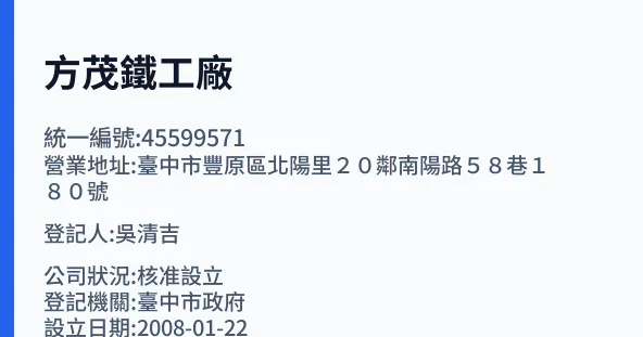 方茂鐵工廠的照片-統編 45599571(臺中市) 公司登記資料與營業項目詳細圖表