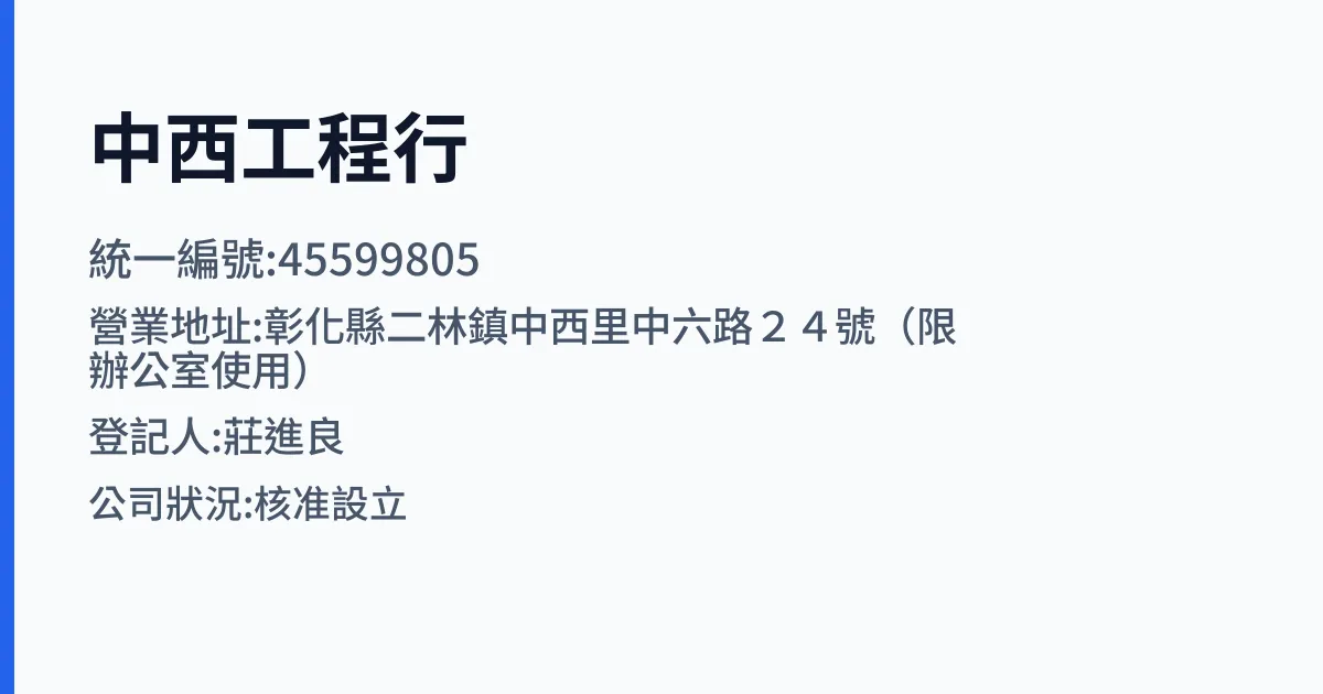 中西工程行 - 統編 45599805(彰化縣) 公司登記資料與營業項目詳細圖表