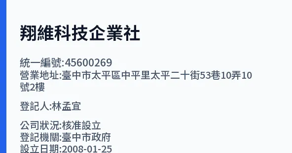 翔維科技企業社的照片-統編 45600269(臺中市) 公司登記資料與營業項目詳細圖表