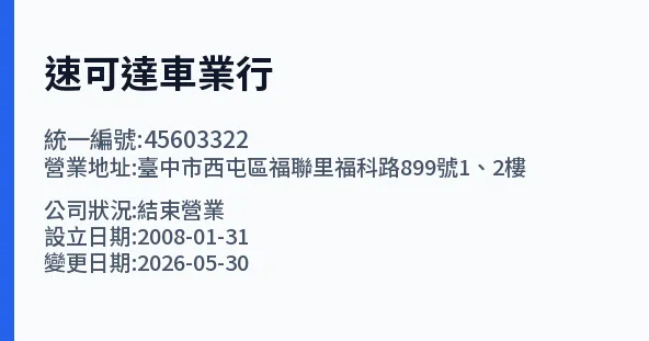速可達車業行的照片-統編 45603322(臺中市) 公司登記資料與營業項目詳細圖表