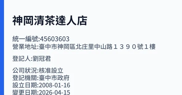 神岡清茶達人店的照片-統編 45603603(臺中市) 公司登記資料與營業項目詳細圖表