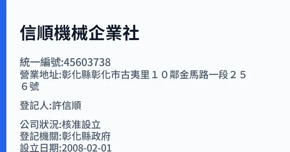 信順機械企業社的照片-統編 45603738(彰化縣) 公司登記資料與營業項目詳細圖表