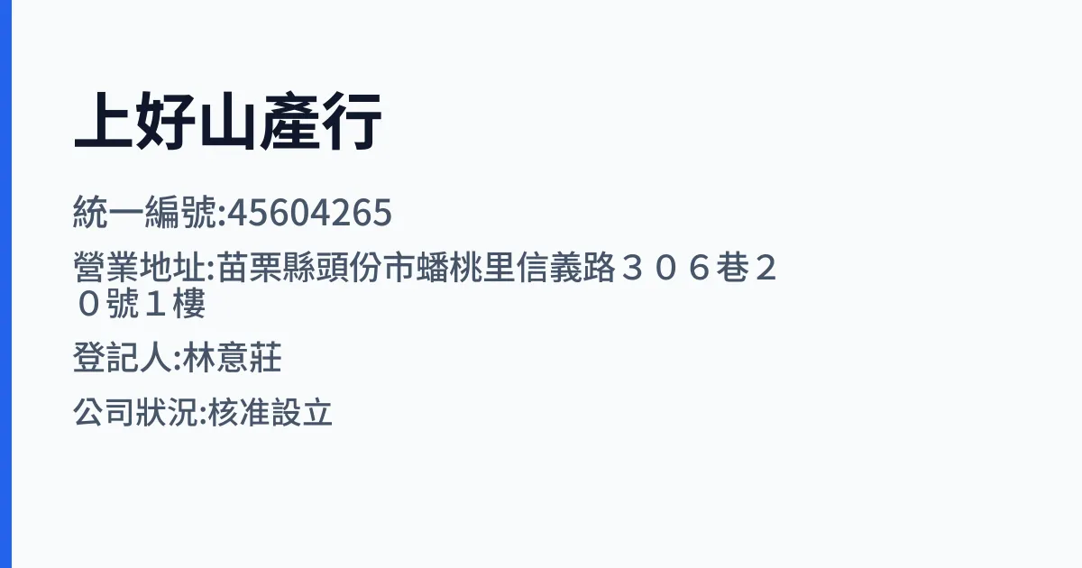 上好山產行 - 統編 45604265(苗栗縣) 公司登記資料與營業項目詳細圖表