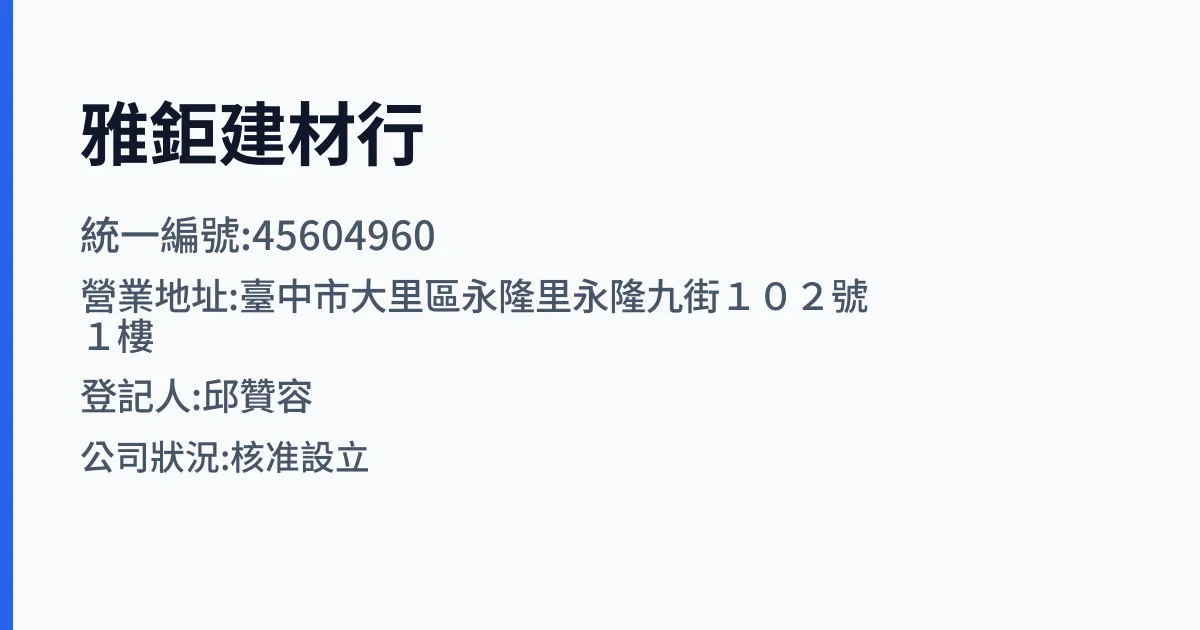 雅鉅建材行 - 統編 45604960(臺中市) 公司登記資料與營業項目詳細圖表