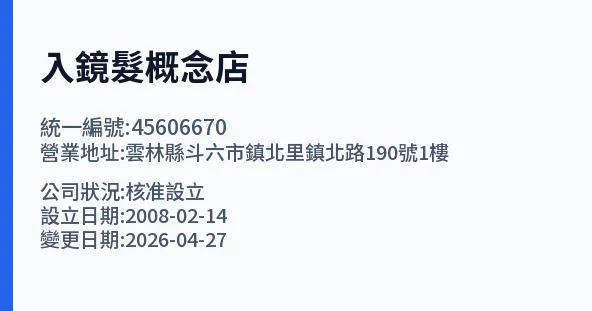 入鏡髮概念店的照片-統編 45606670(雲林縣) 公司登記資料與營業項目詳細圖表