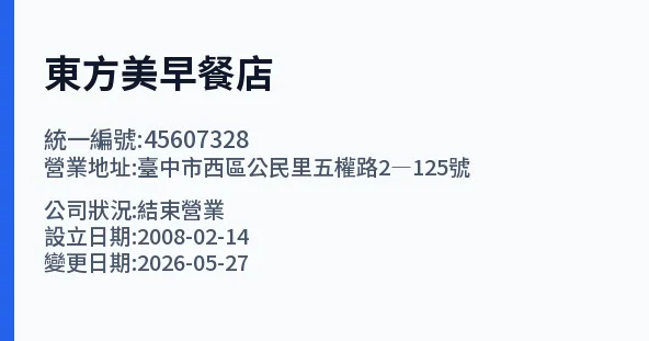 東方美早餐店的照片-統編 45607328(臺中市) 公司登記資料與營業項目詳細圖表