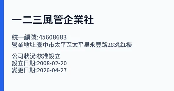 一二三風管企業社的照片-統編 45608683(臺中市) 公司登記資料與營業項目詳細圖表