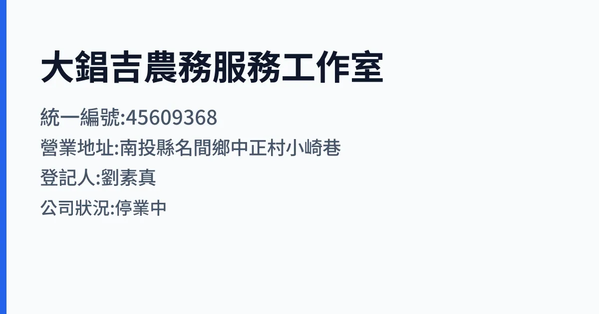 大錩吉農務服務工作室 - 統編 45609368(南投縣) 公司登記資料與營業項目詳細圖表