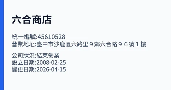 六合商店的照片-統編 45610528(臺中市) 公司登記資料與營業項目詳細圖表