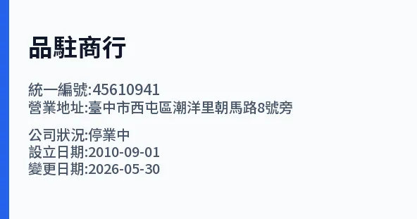 品駐商行的照片-統編 45610941(臺中市) 公司登記資料與營業項目詳細圖表