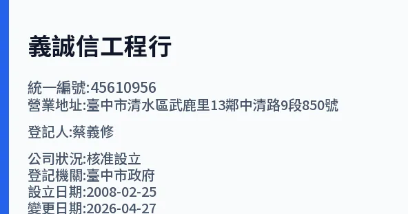 義誠信工程行的照片-統編 45610956(臺中市) 公司登記資料與營業項目詳細圖表