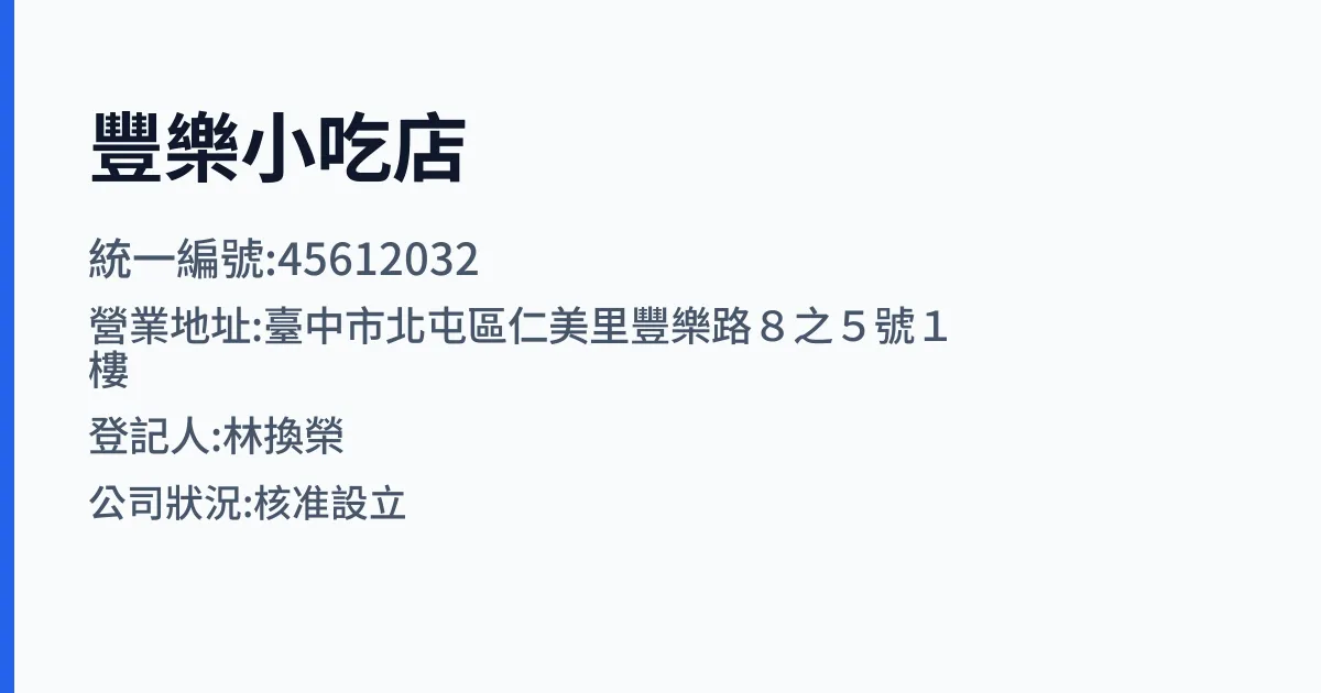 豐樂小吃店 - 統編 45612032(臺中市) 公司登記資料與營業項目詳細圖表