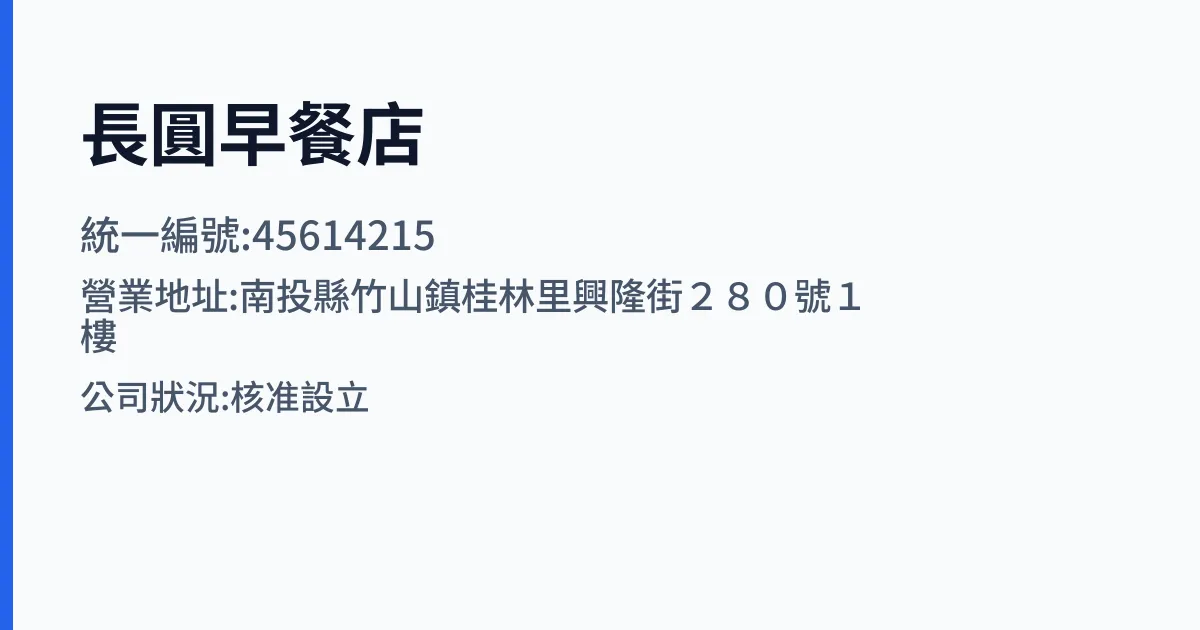 長圓早餐店 - 統編 45614215(南投縣) 公司登記資料與營業項目詳細圖表