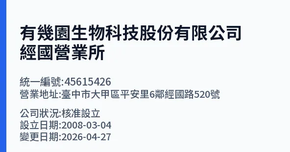 有幾園生物科技股份有限公司經國營業所的照片-統編 45615426(臺中市) 公司登記資料與營業項目詳細圖表