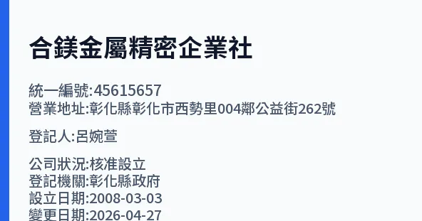 合鎂金屬精密企業社的照片-統編 45615657(彰化縣) 公司登記資料與營業項目詳細圖表
