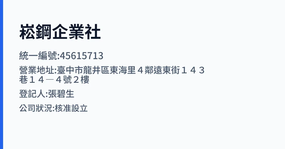 崧鋼企業社 - 統編 45615713(臺中市) 公司登記資料與營業項目詳細圖表