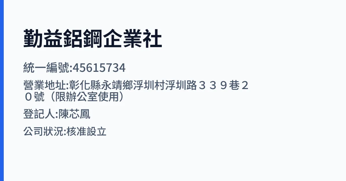 勤益鋁鋼企業社 - 統編 45615734(彰化縣) 公司登記資料與營業項目詳細圖表