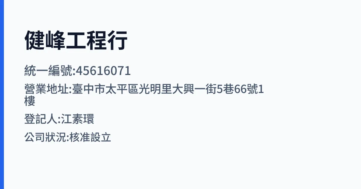 健峰工程行 - 統編 45616071(臺中市) 公司登記資料與營業項目詳細圖表