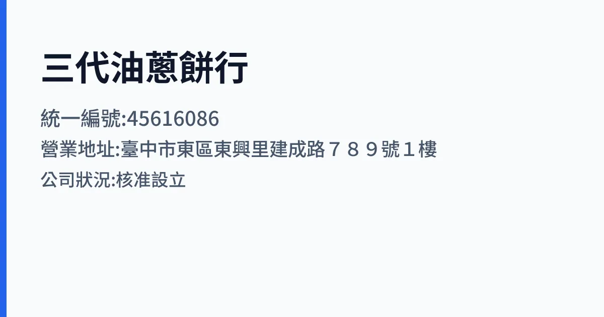 三代油蔥餅行 - 統編 45616086(臺中市) 公司登記資料與營業項目詳細圖表