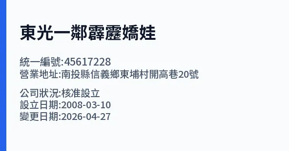 東光一鄰霹靂嬌娃的照片-統編 45617228(南投縣) 公司登記資料與營業項目詳細圖表