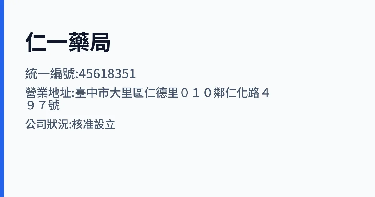 仁一藥局 - 統編 45618351(臺中市) 公司登記資料與營業項目詳細圖表