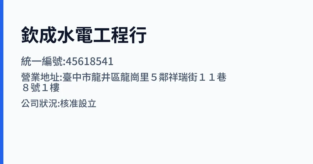 欽成水電工程行 - 統編 45618541(臺中市) 公司登記資料與營業項目詳細圖表