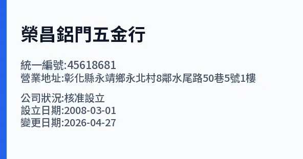 榮昌鋁門五金行的照片-統編 45618681(彰化縣) 公司登記資料與營業項目詳細圖表