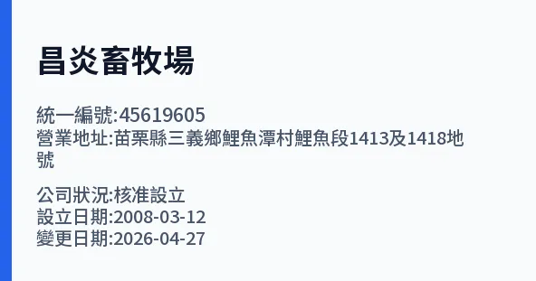 昌炎畜牧場的照片-統編 45619605(苗栗縣) 公司登記資料與營業項目詳細圖表