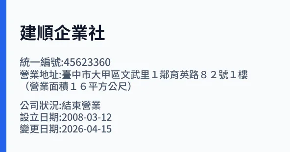建順企業社的照片-統編 45623360(臺中市) 公司登記資料與營業項目詳細圖表