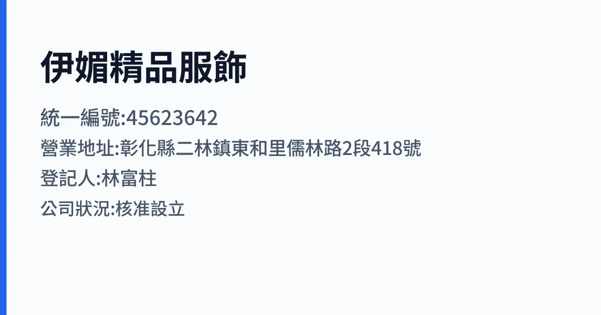 伊媚精品服飾 - 統編 45623642(彰化縣) 公司登記資料與營業項目詳細圖表