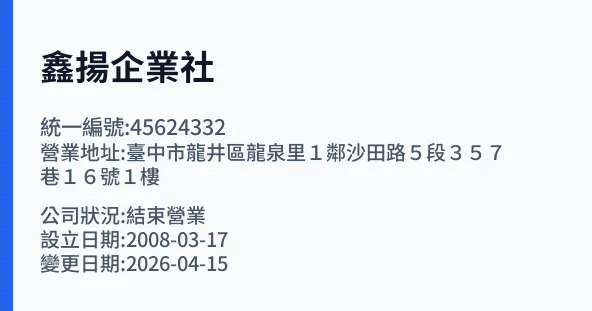 鑫揚企業社的照片-統編 45624332(臺中市) 公司登記資料與營業項目詳細圖表