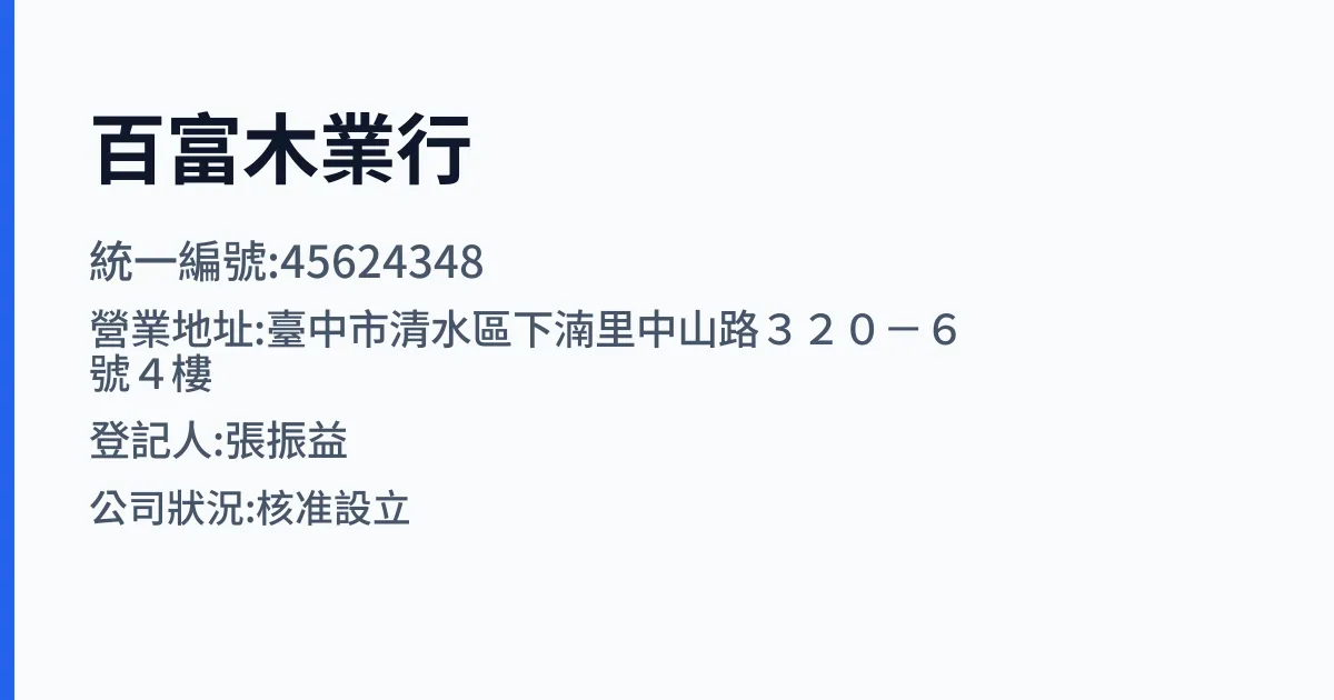 百富木業行 - 統編 45624348(臺中市) 公司登記資料與營業項目詳細圖表